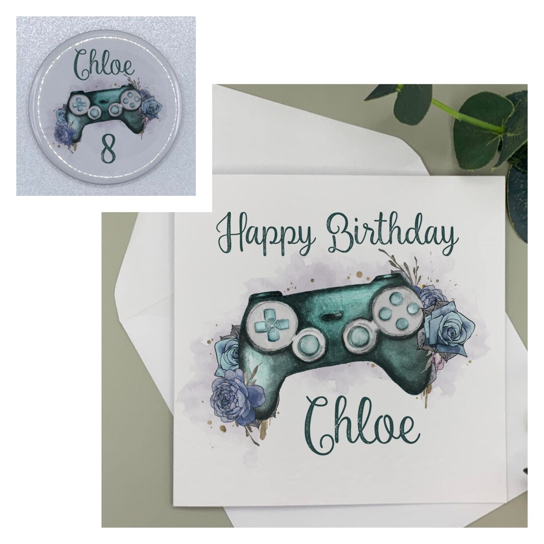 Personalised Gaming Birthday Card and Personalised Age Badge to Match ...