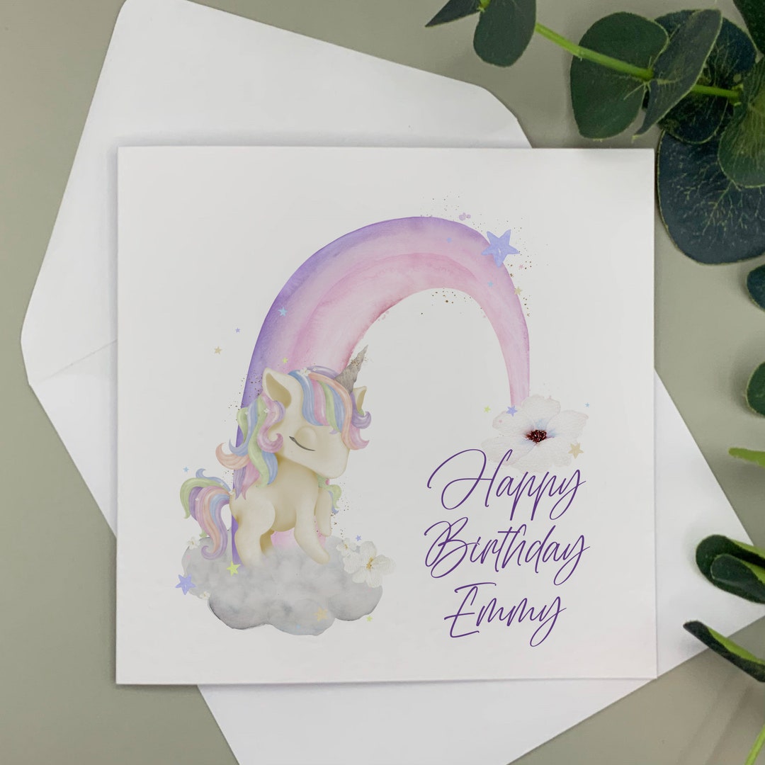 Personalised Rainbow Unicorn Birthday Card, Unicorn Rainbow Greeting ...
