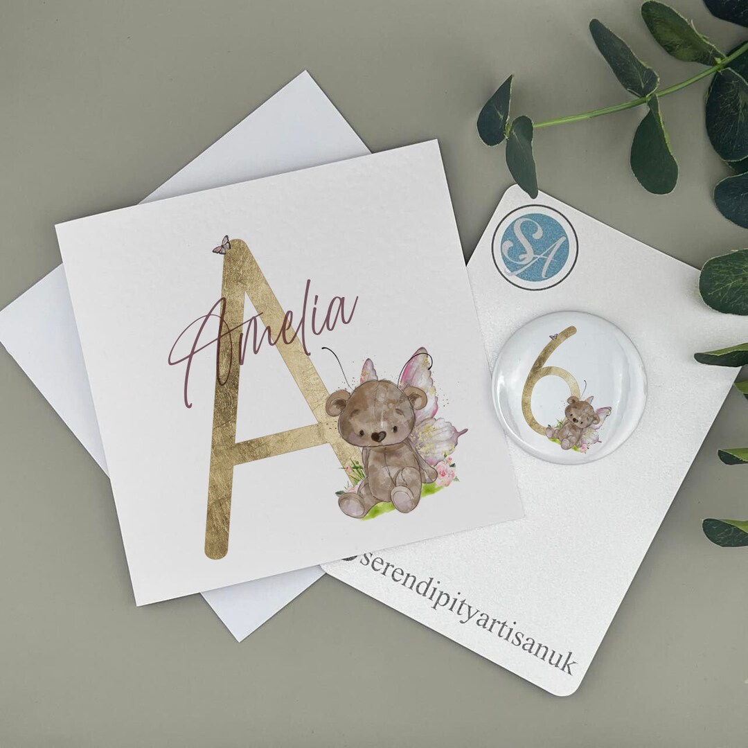 Personalised Teddy Fairy Birthday Card and Badge Set, Butterfly Teddy ...