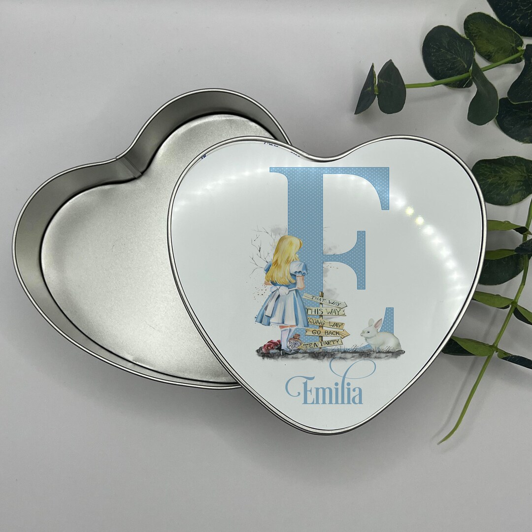 Personalised Alice in Wonderland Heart Shaped Aluminium Tin, Fairytale ...