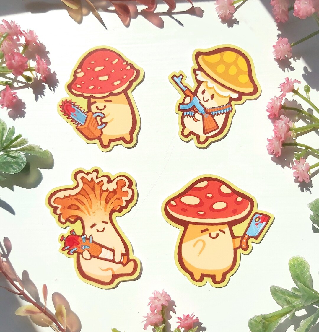 4 Mushrooms With Weapons Vinyl Stickers | Funny Cute Morbid Murder ...