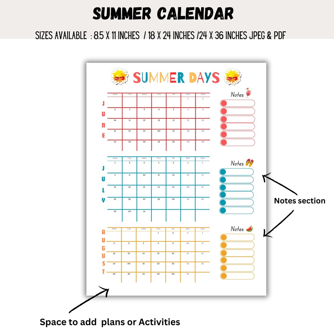 Printable Summer Countdown Bucketlist 2024 Calendar Poster, Summer ...