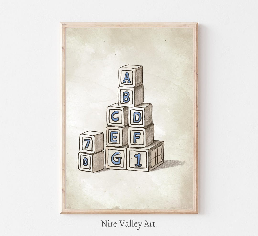 Vintage Nursery Printable, Alphabet Number Blocks Print, Blue Boys Wall ...