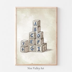 Vintage Nursery Printable, Alphabet Number Blocks Print, Blue Boys Wall ...