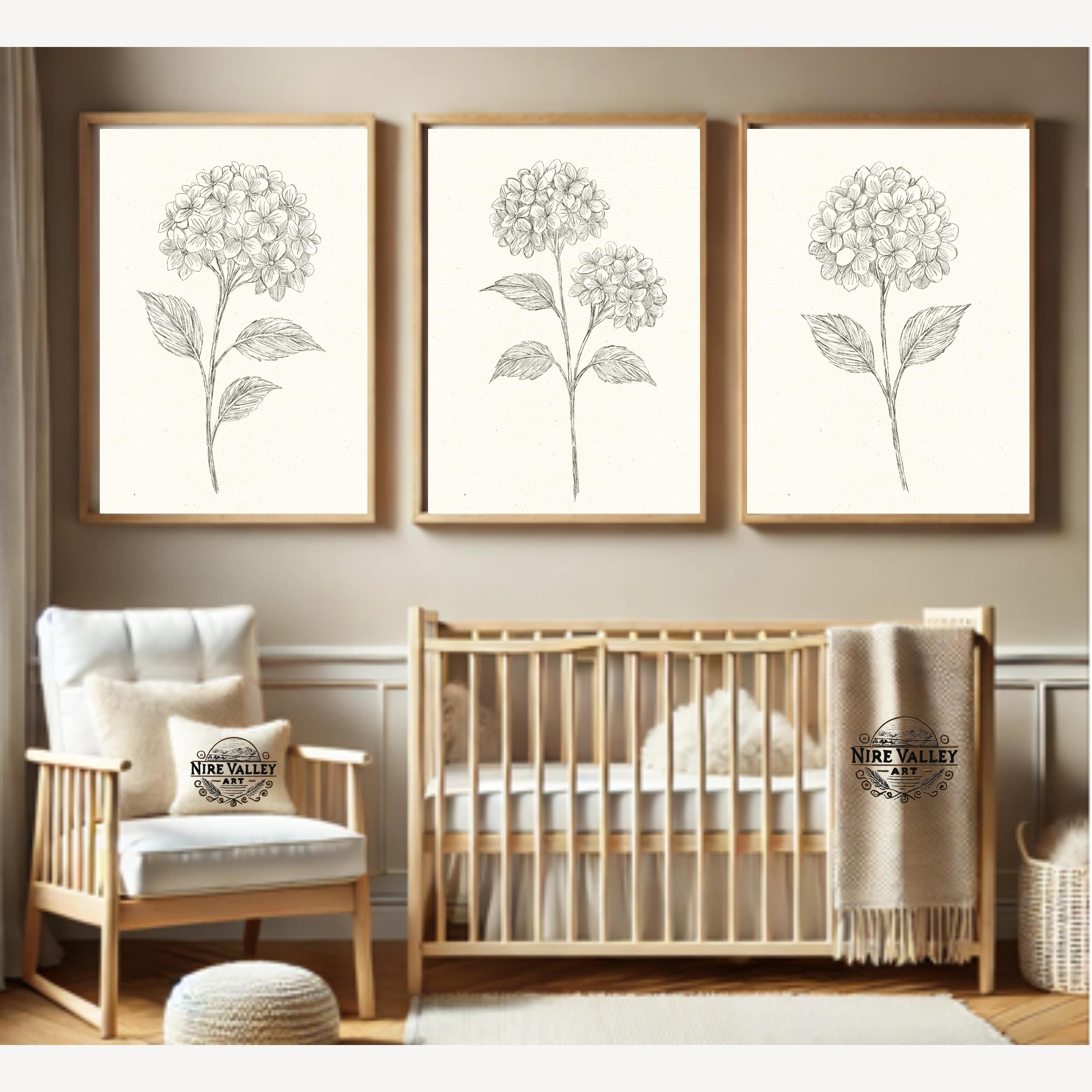 Vintage Hydrangea Floral Sketch Print Set of 3, Neutral Wall Decor ...