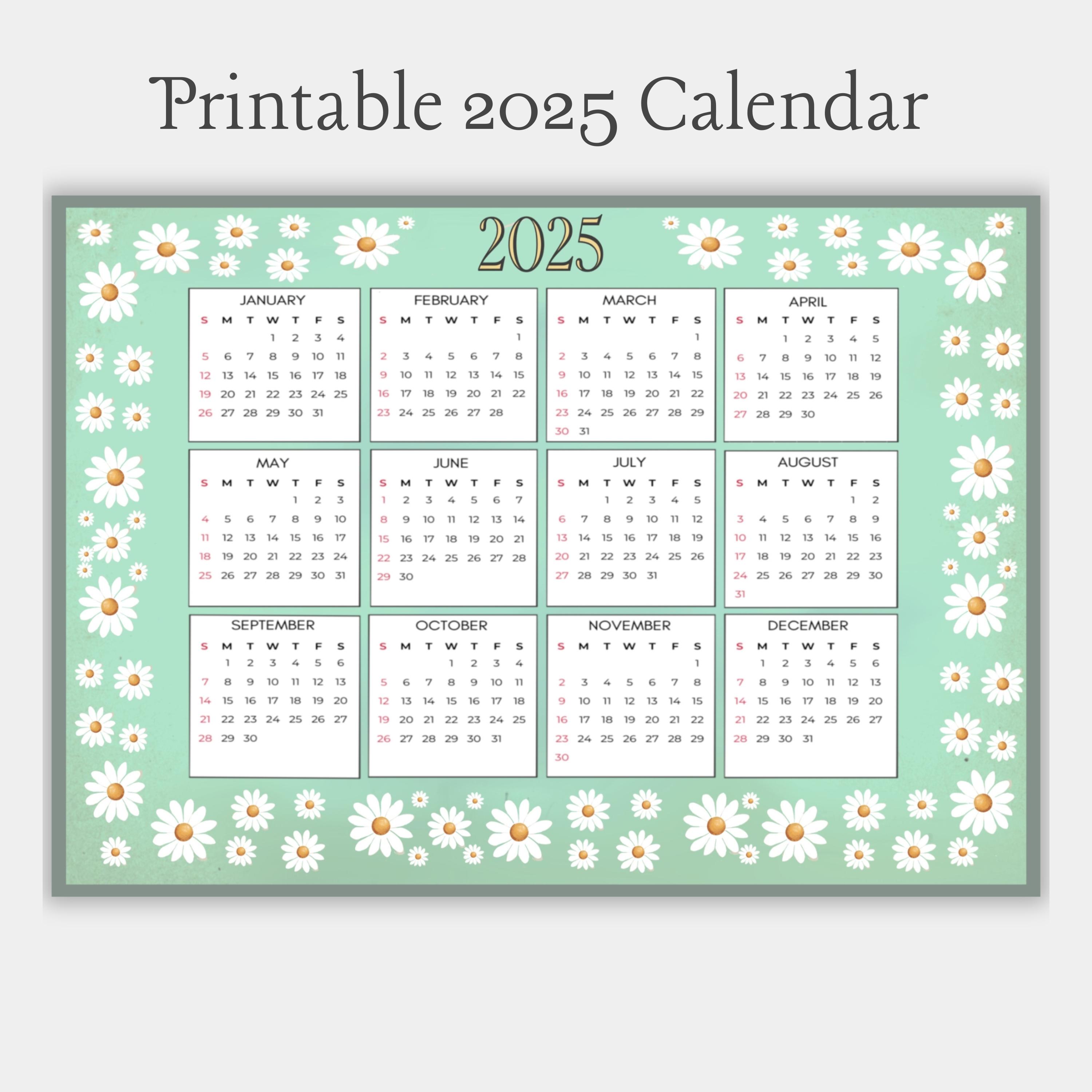 2025 Yearly Printable Calendar, Minimalist Daisy Calendar Print, Yearly ...