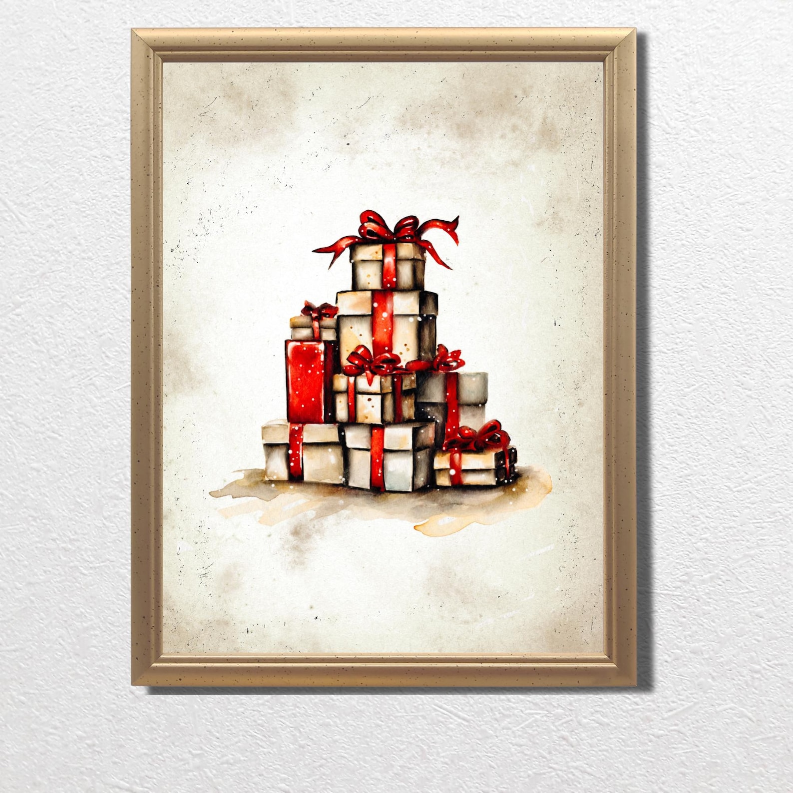 Vintage Christmas Prints, Presents Watercolor Painting, Christmas ...