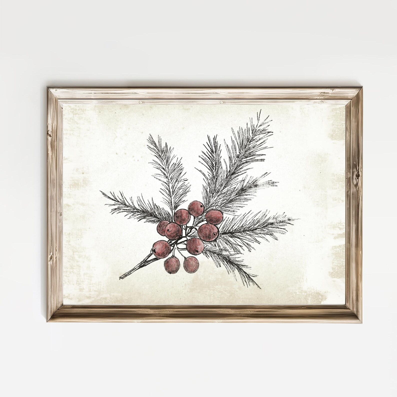Vintage Christmas Pine Branch Print, Red Berry Sketch, Rustic Printable ...