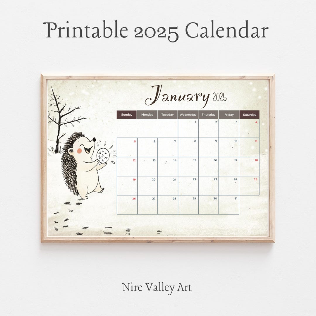 Kids 2025 Calendar Printable, Vintage Nursery Calendar 2025, Hedgehog ...