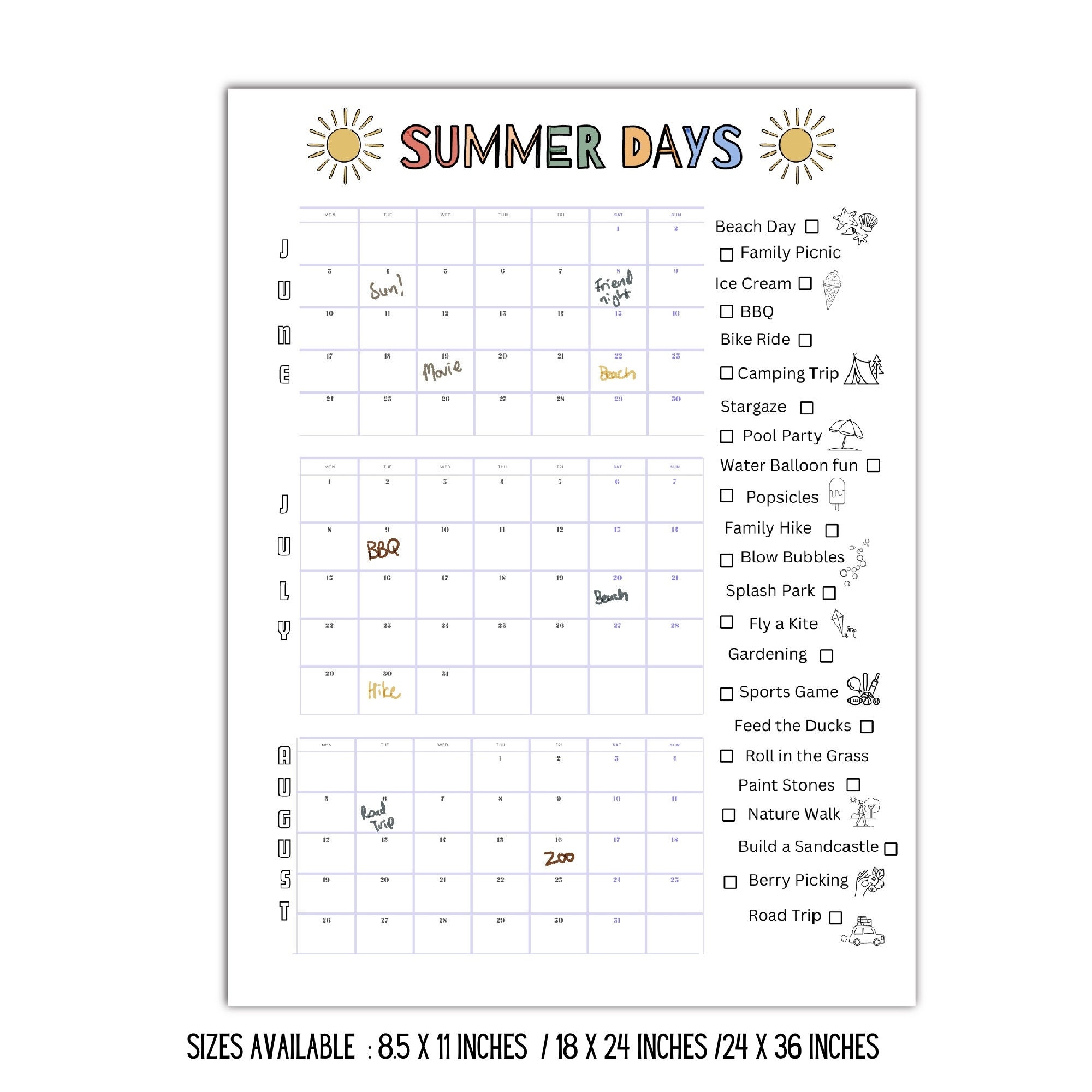 Summer Countdown Printable Poster, 2024, Summer Calendar ,summer Bucket ...