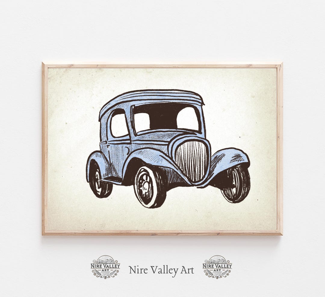 Vintage Blue Car Print for Nursery, Transportation Wall Art Set ...
