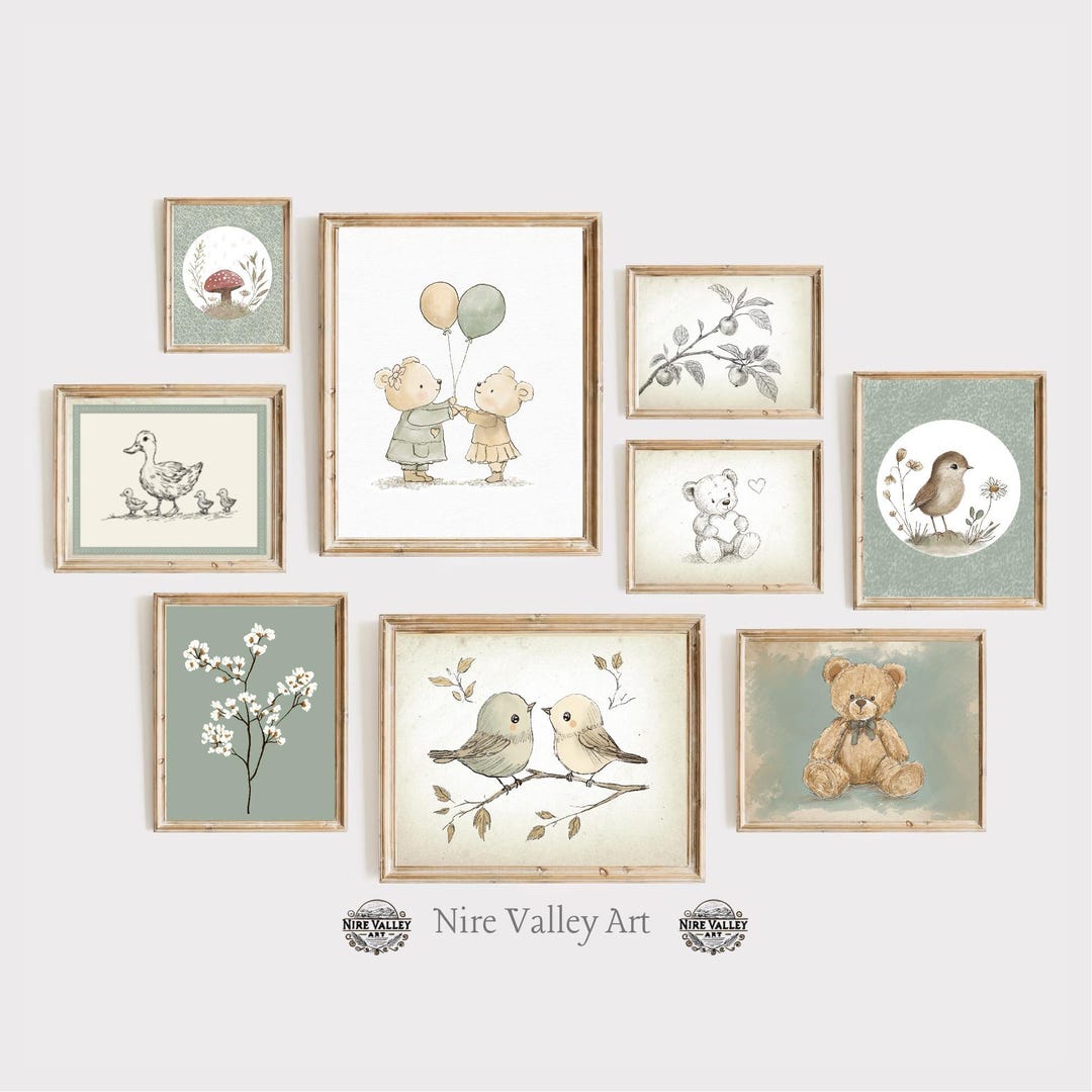 Vintage Nursery Sage Green Prints, Set of 9 Gallery Wall Printables ...