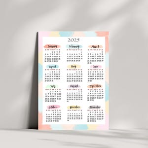 2025 Yearly Printable Calendar, Colorful Calendar Print, Rainbow Year ...
