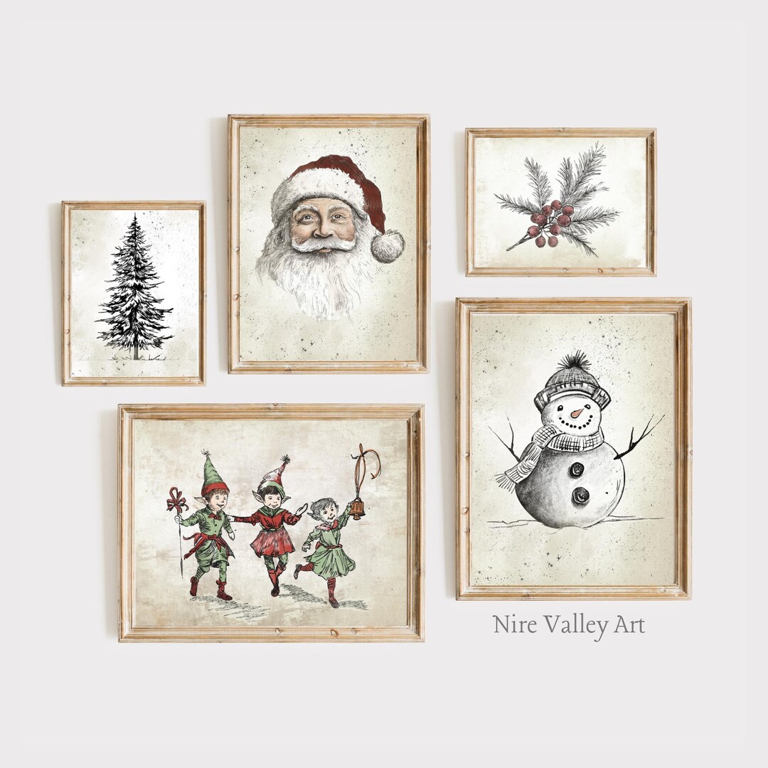 Santa and Elf Christmas Art Set - 5 Vintage Holiday Prints Featuring ...