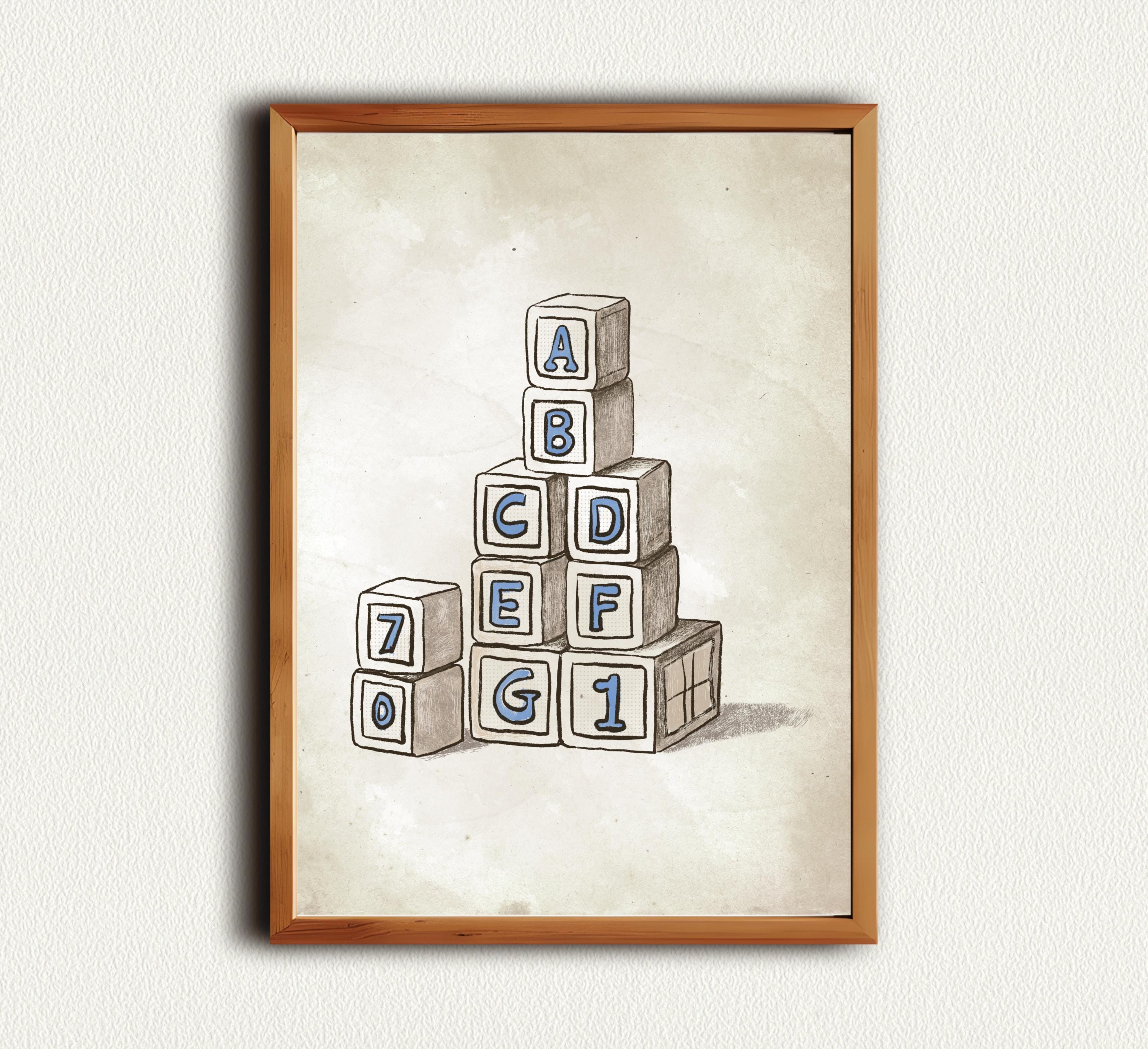 Vintage Nursery Printable, Alphabet Number Blocks Print, Blue Boys Wall ...