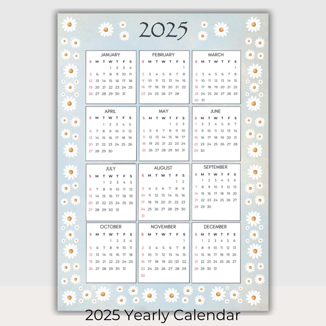 2025 Printable Year Planner, Minimalist Daisy Calendar Print, Blue ...