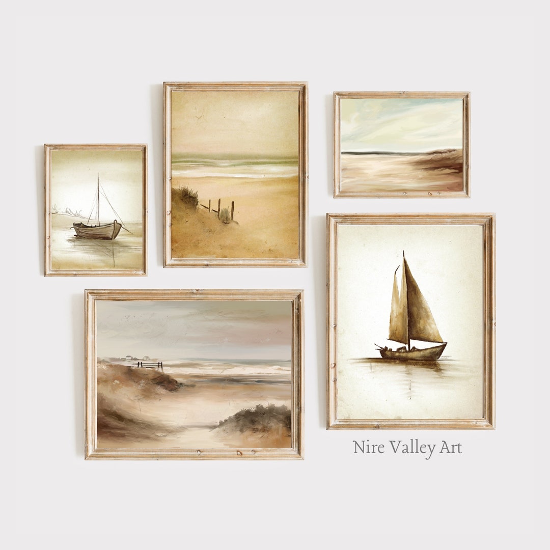 Vintage Beach Wall Art Prints, Vintage Coastal Printables, Set of 5 ...