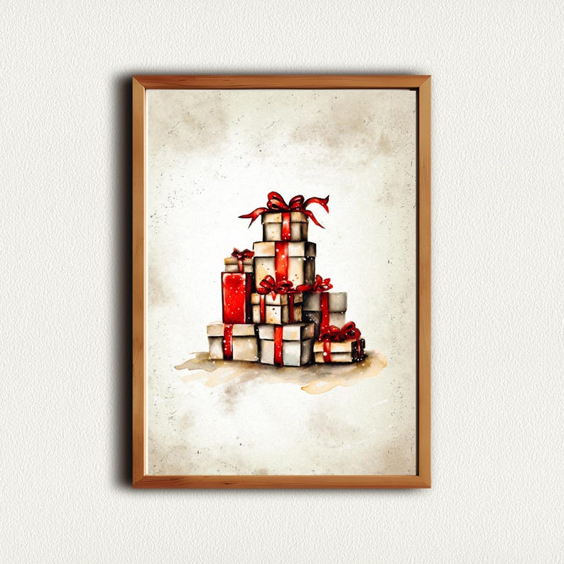 Vintage Christmas Prints, Presents Watercolor Painting, Christmas ...