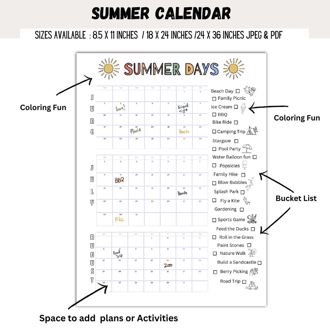 Summer Countdown Printable Poster, 2024, Summer Calendar ,summer Bucket ...