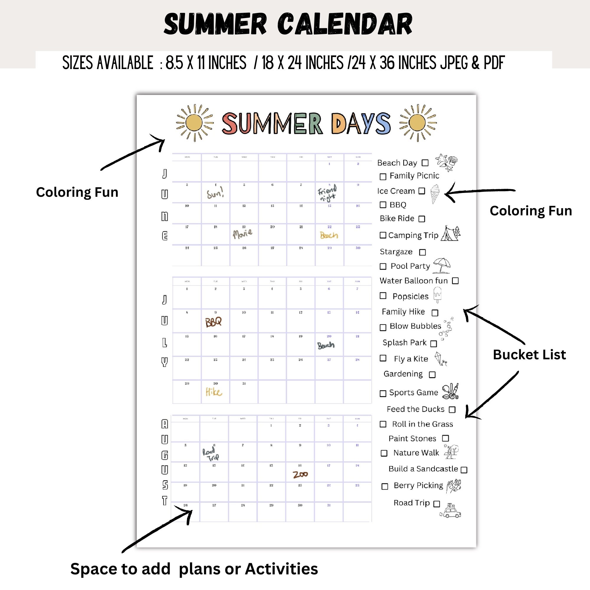 Summer Countdown Printable Poster, 2024, Summer Calendar ,summer Bucket ...