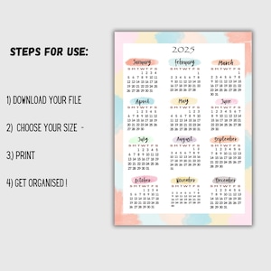 2025 Yearly Printable Calendar, Colorful Calendar Print, Rainbow Year ...