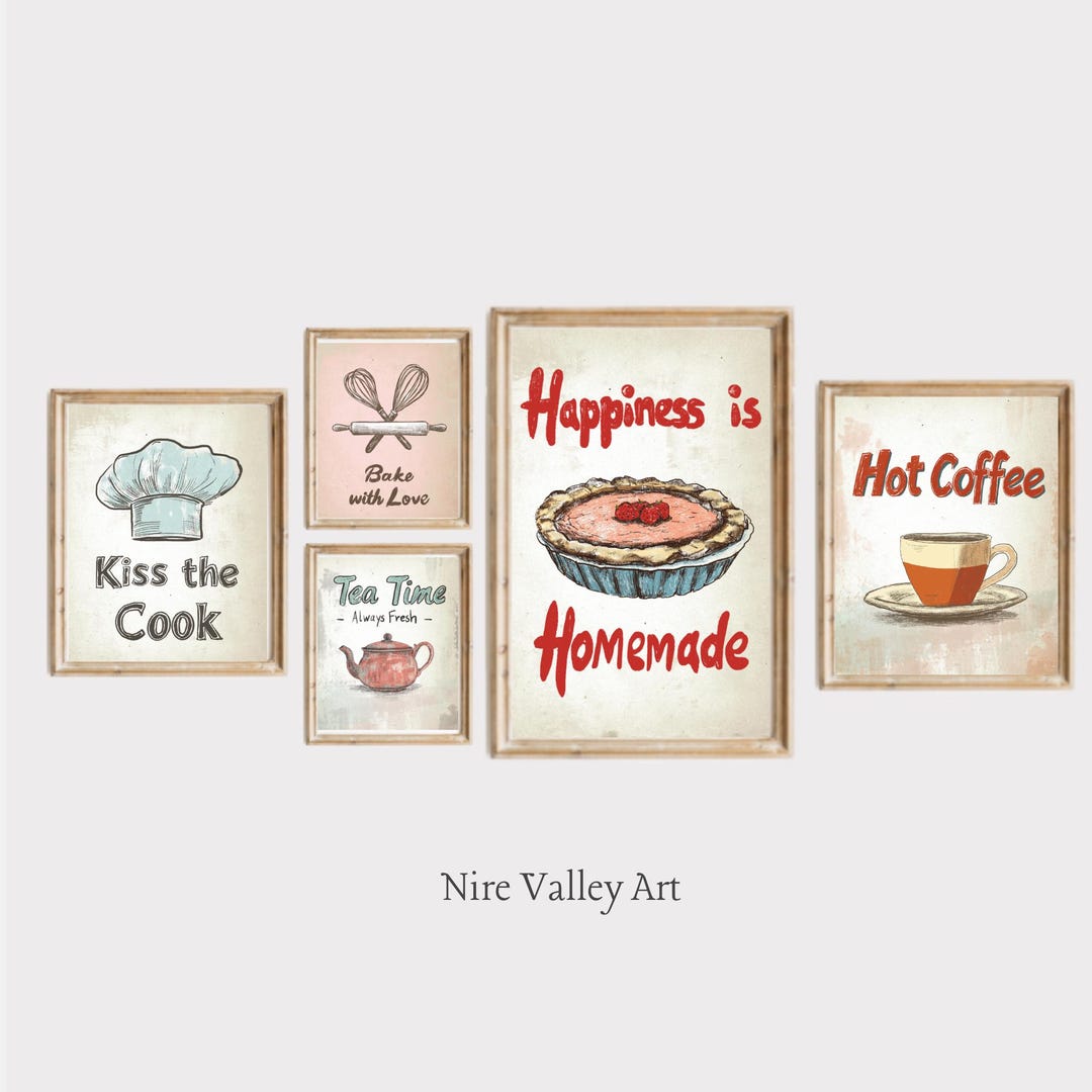 Kitchen Wall Art Set of 5, Retro Kitchen Prints Bundle, Kitchen Decor ...