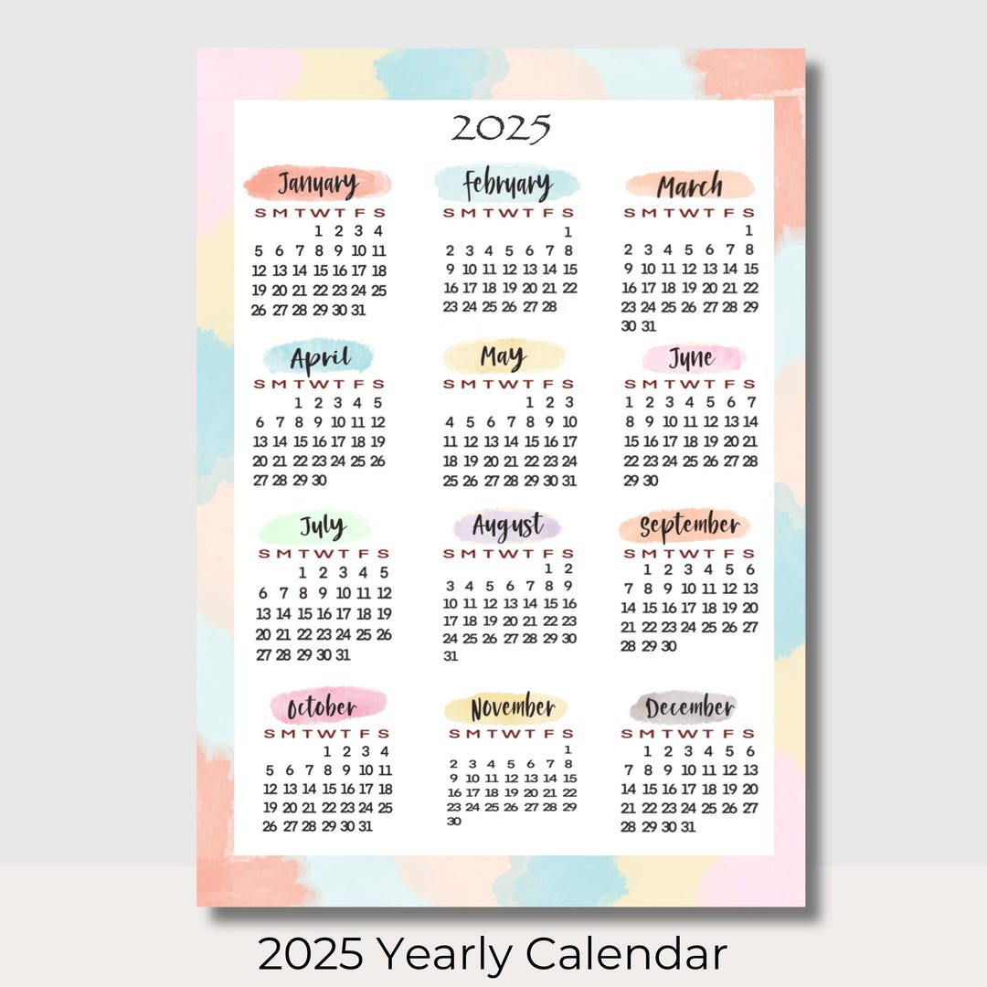 2025 Yearly Printable Calendar, Colorful Calendar Print, Rainbow Year ...