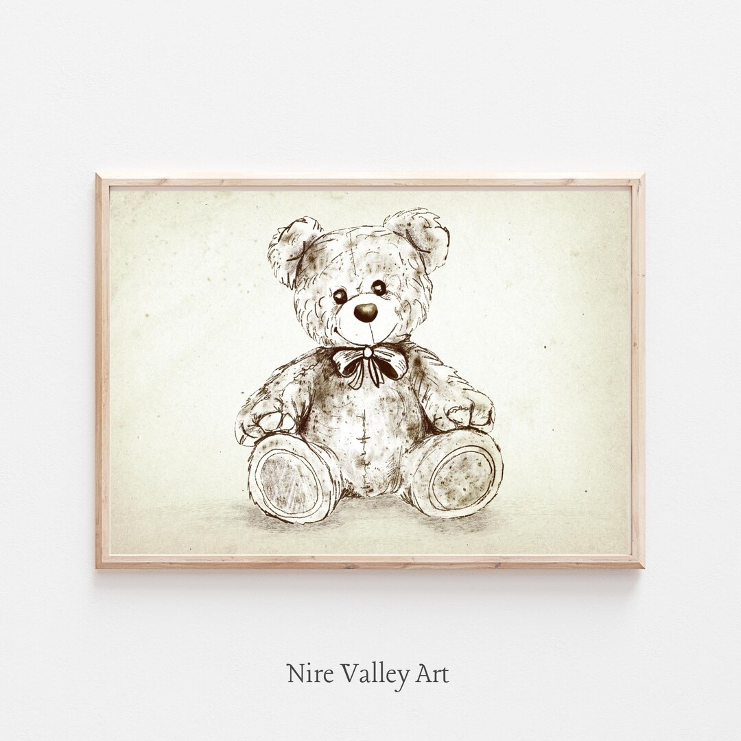Vintage Nursery Toy Teddy Bear Sketch, Gender Neutral Wall Art ...