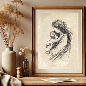 Mother and Baby Sketch, Vintage Minimalist Printable, Mother and Child ...