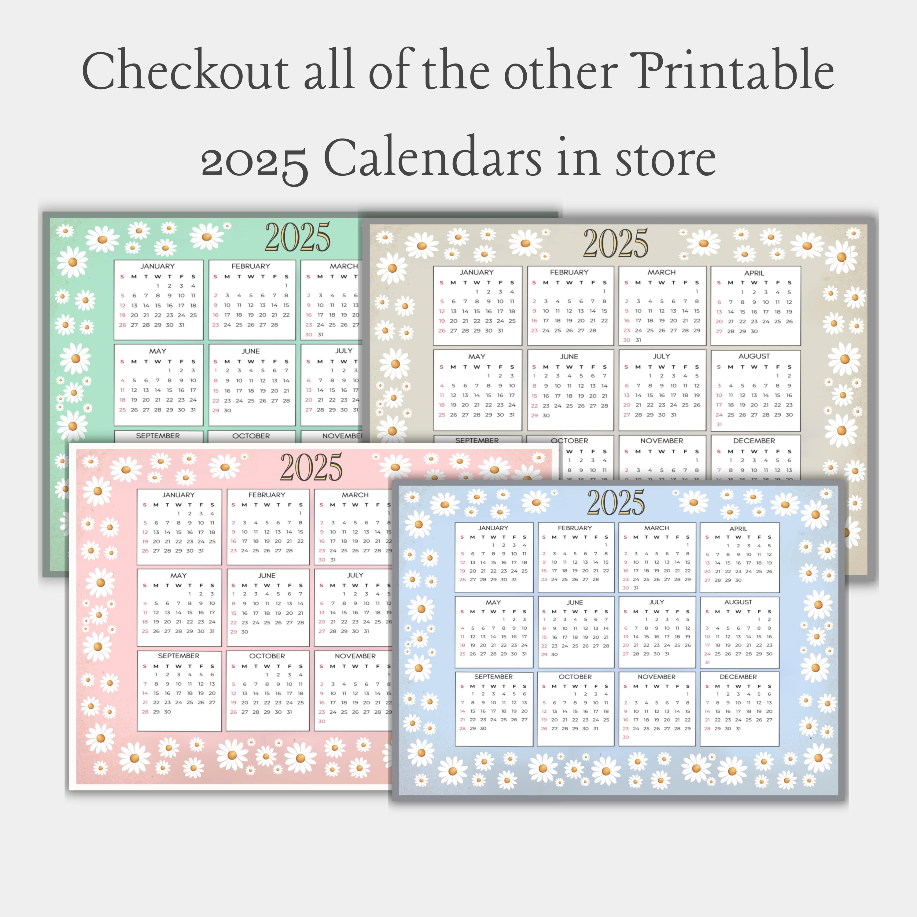 2025 Yearly Printable Calendar, Minimalist Daisy Calendar Print, Yearly ...