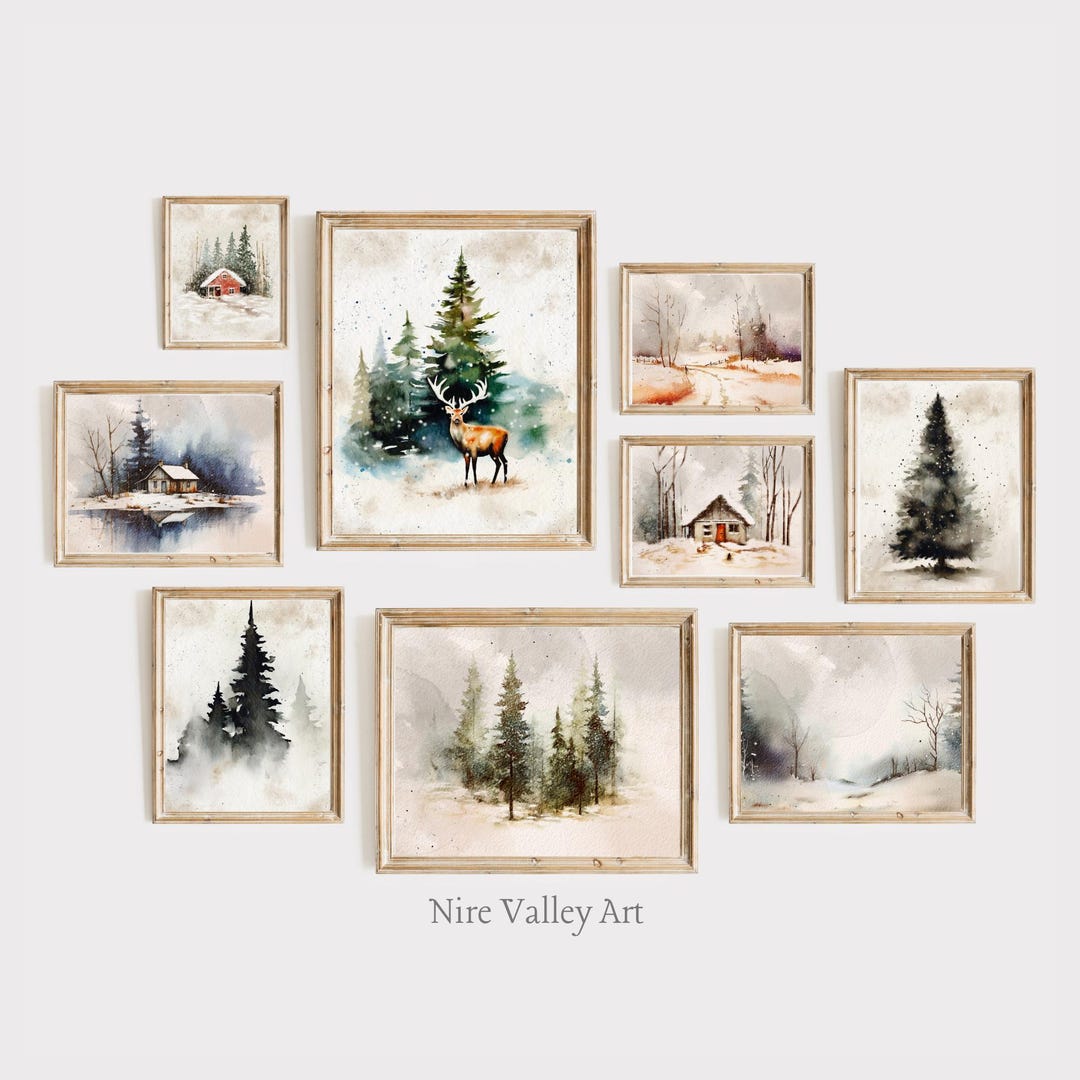 Vintage Christmas Watercolor Art Set - 9 Winter Landscape Prints, Pine ...