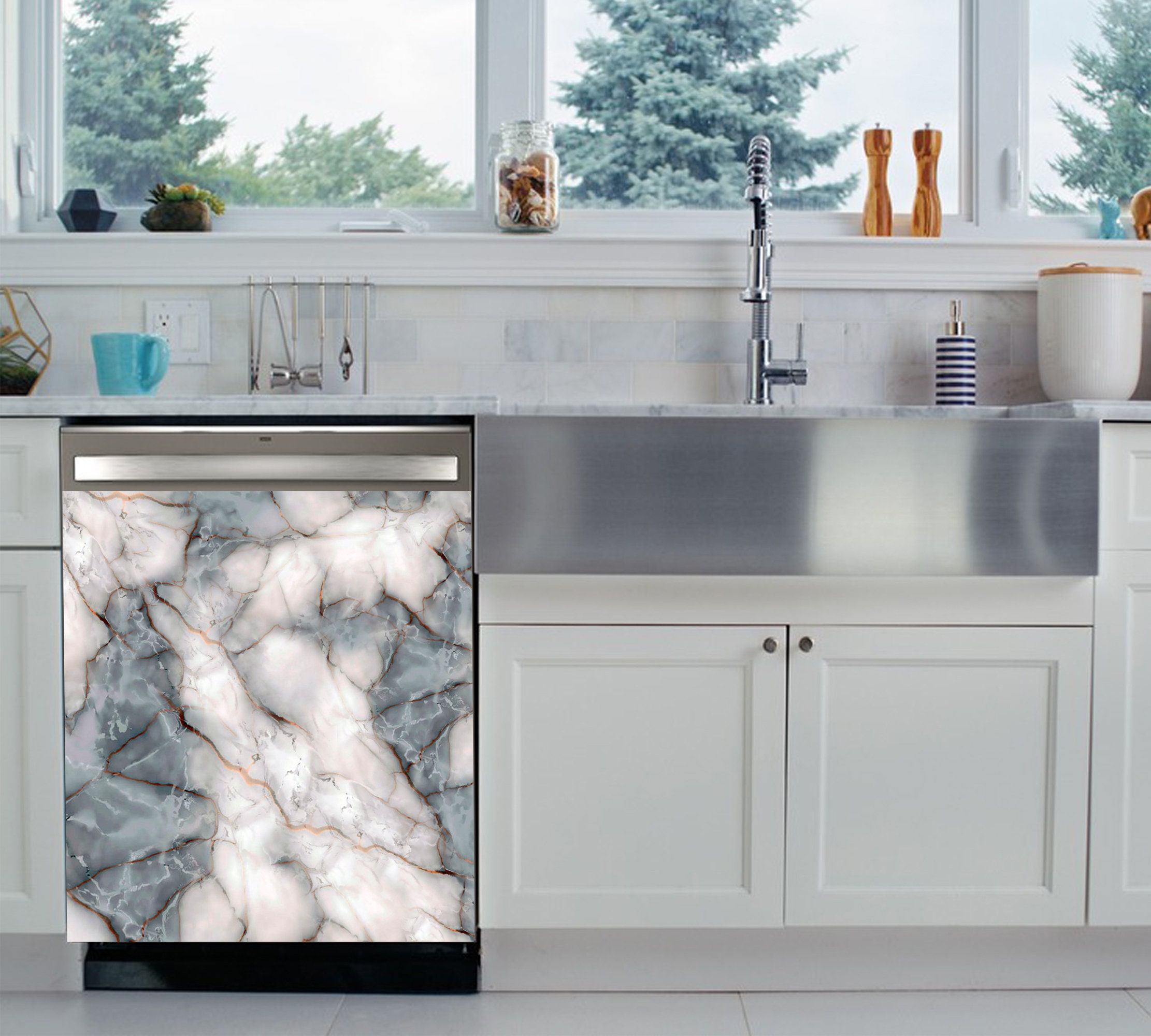 Marble Style Dishwasher Wrap Grey Color Decals Kitchen Decor Interior ...