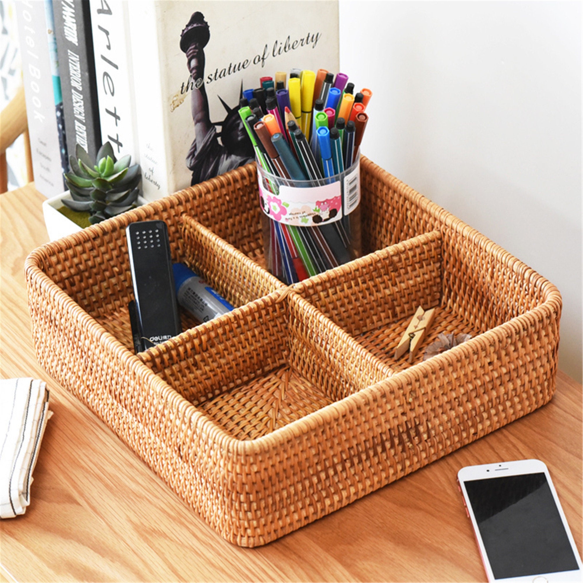 Rattan Woven Square Storage Basket With Coverrattan Cosmetic - Etsy