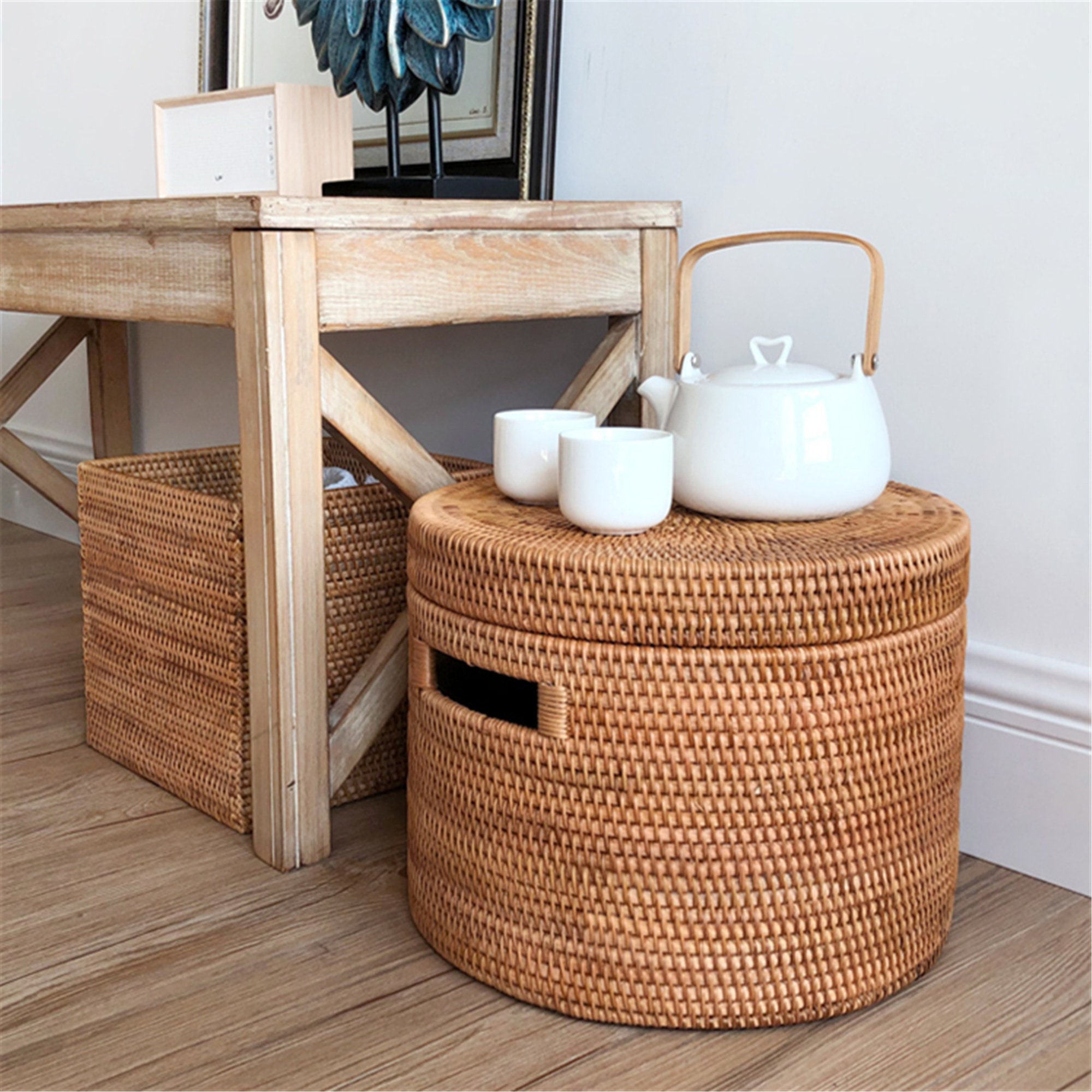 Round Rattan Woven Storage Basket With Lidrattan Storage - Etsy