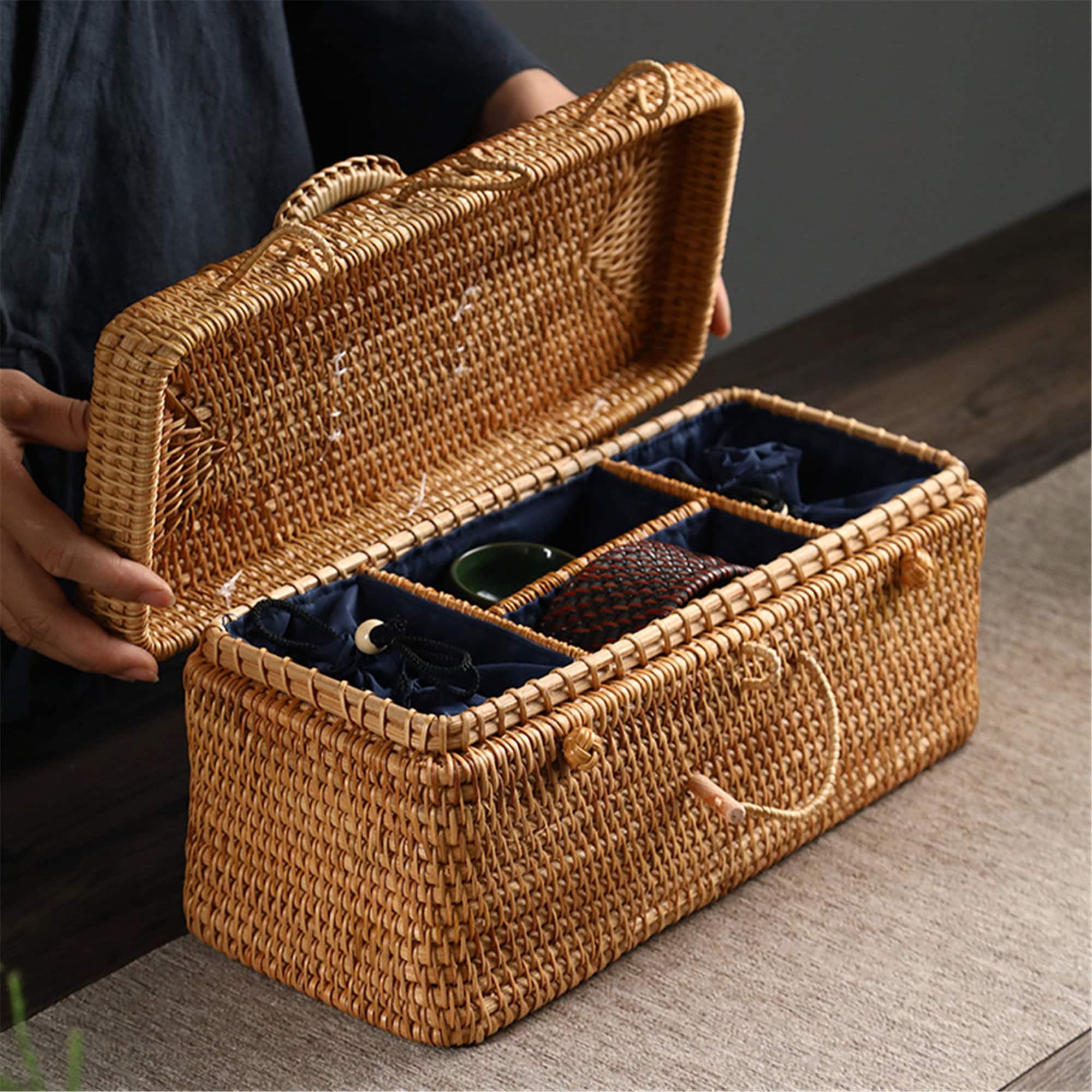 Rattan Woven Square Storage Basket With Lid and Handlerattan - Etsy