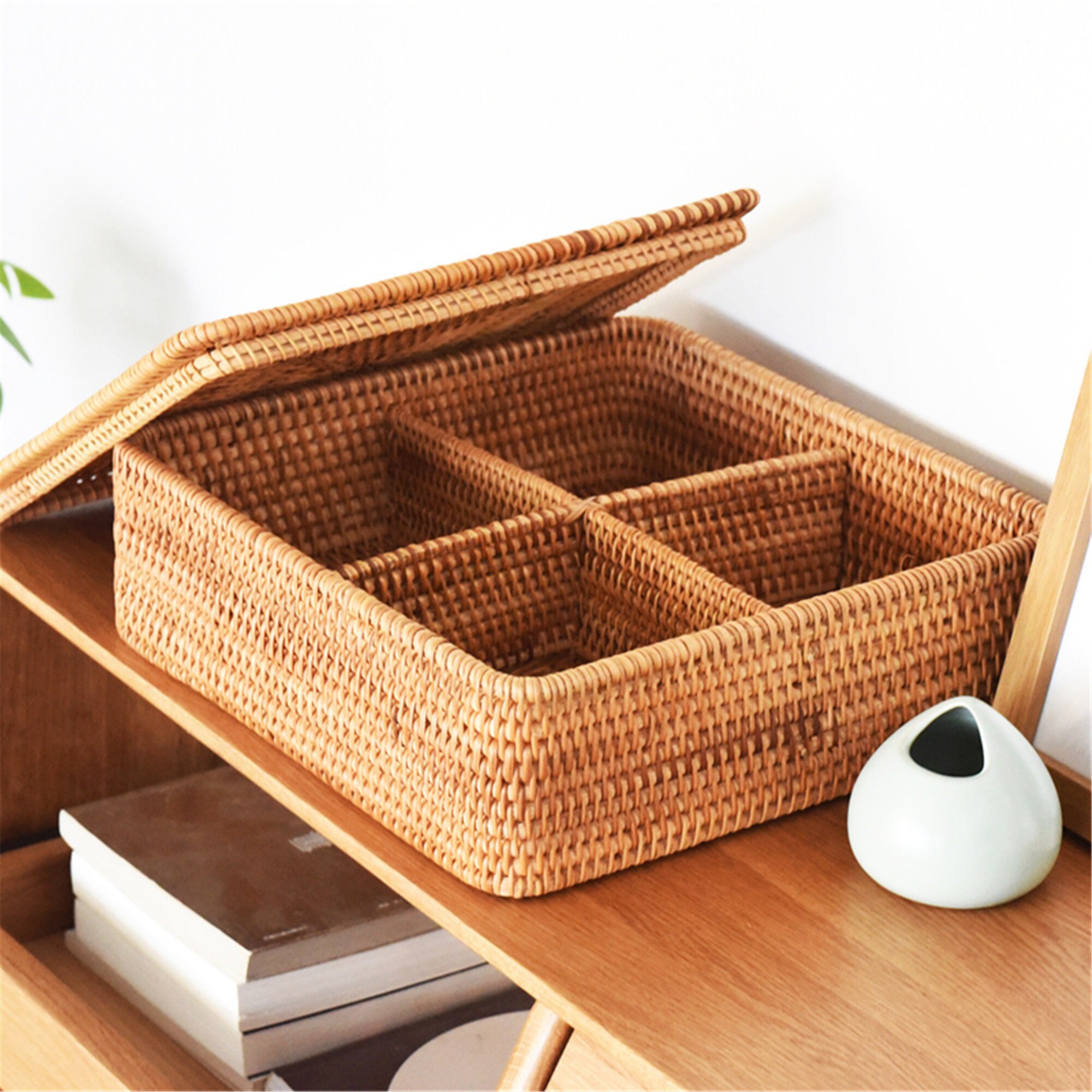 Rattan Woven Square Storage Basket With Coverrattan Cosmetic - Etsy