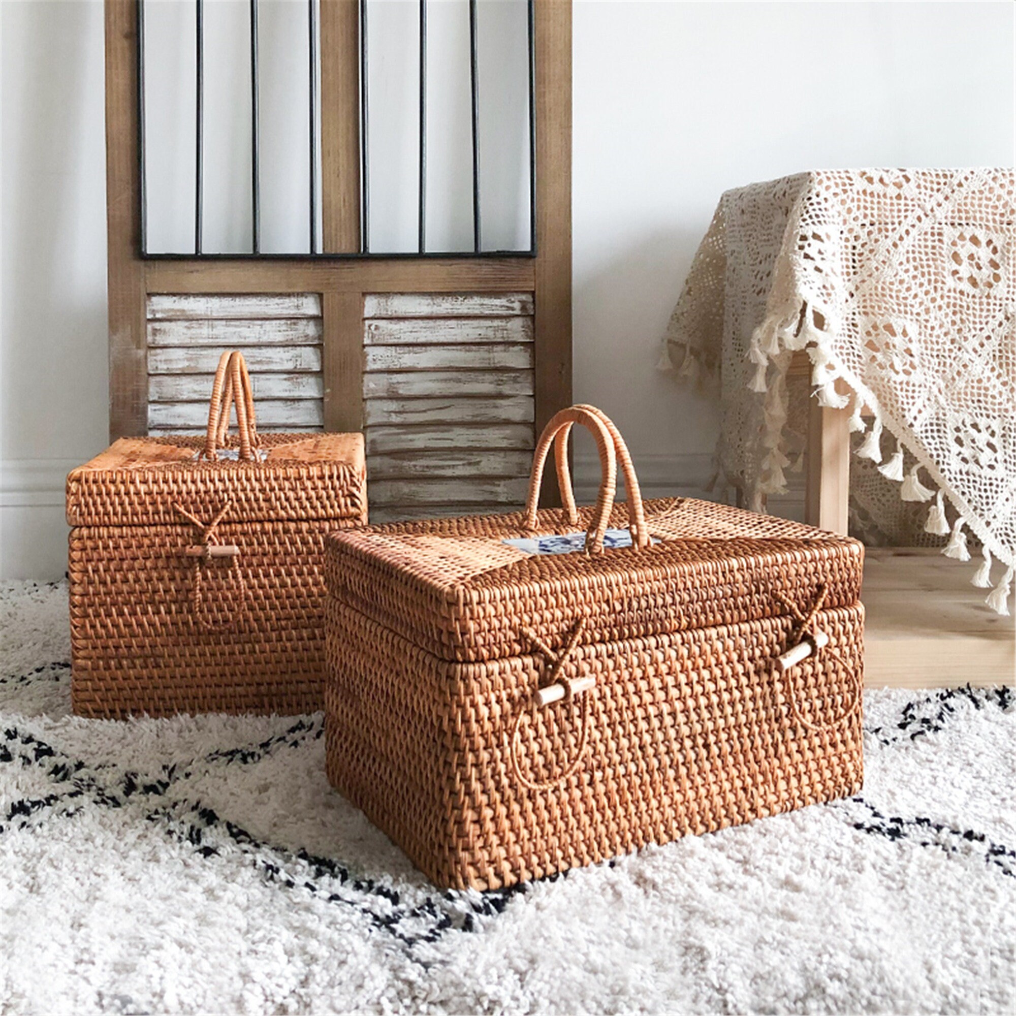 Rattan Woven Square Storage Basket With Lidrattan Storage | Etsy