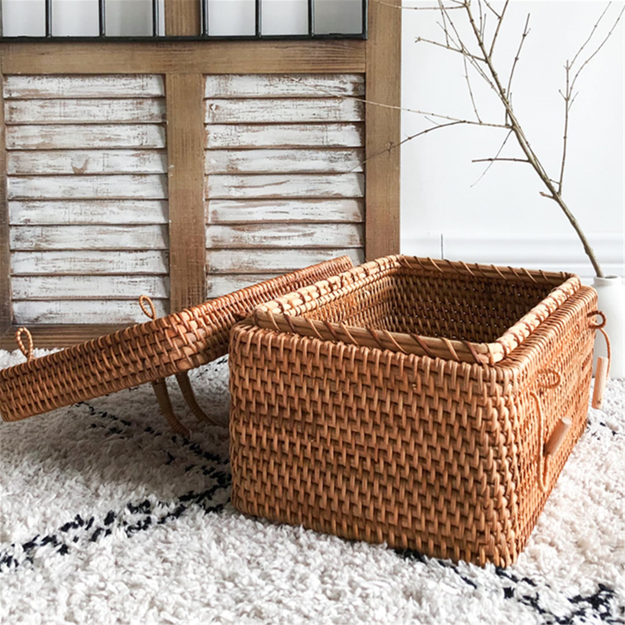 Rattan Woven Square Storage Basket With Lidrattan Storage | Etsy