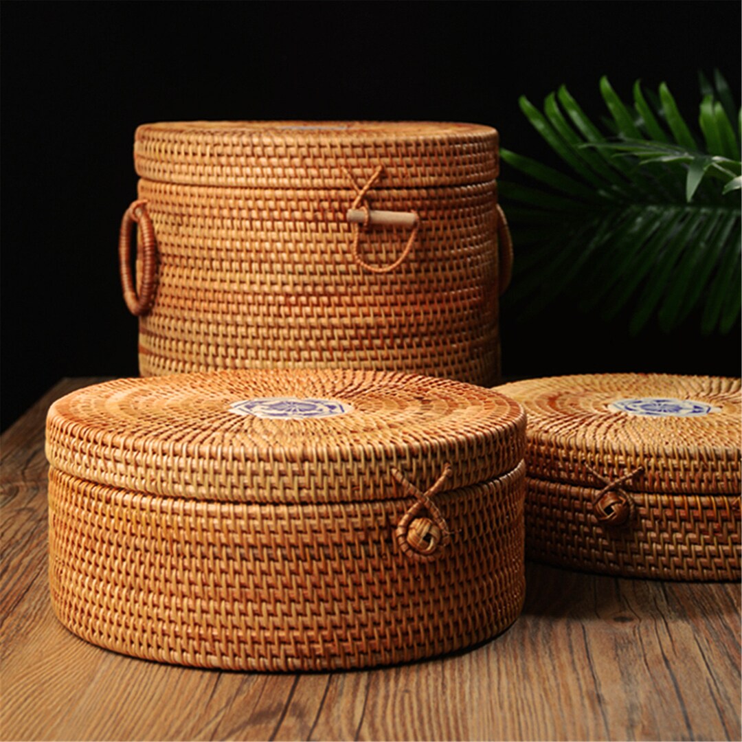 Rattan Weave Round Storage Basket With Lidhandcrafted Desktop - Etsy