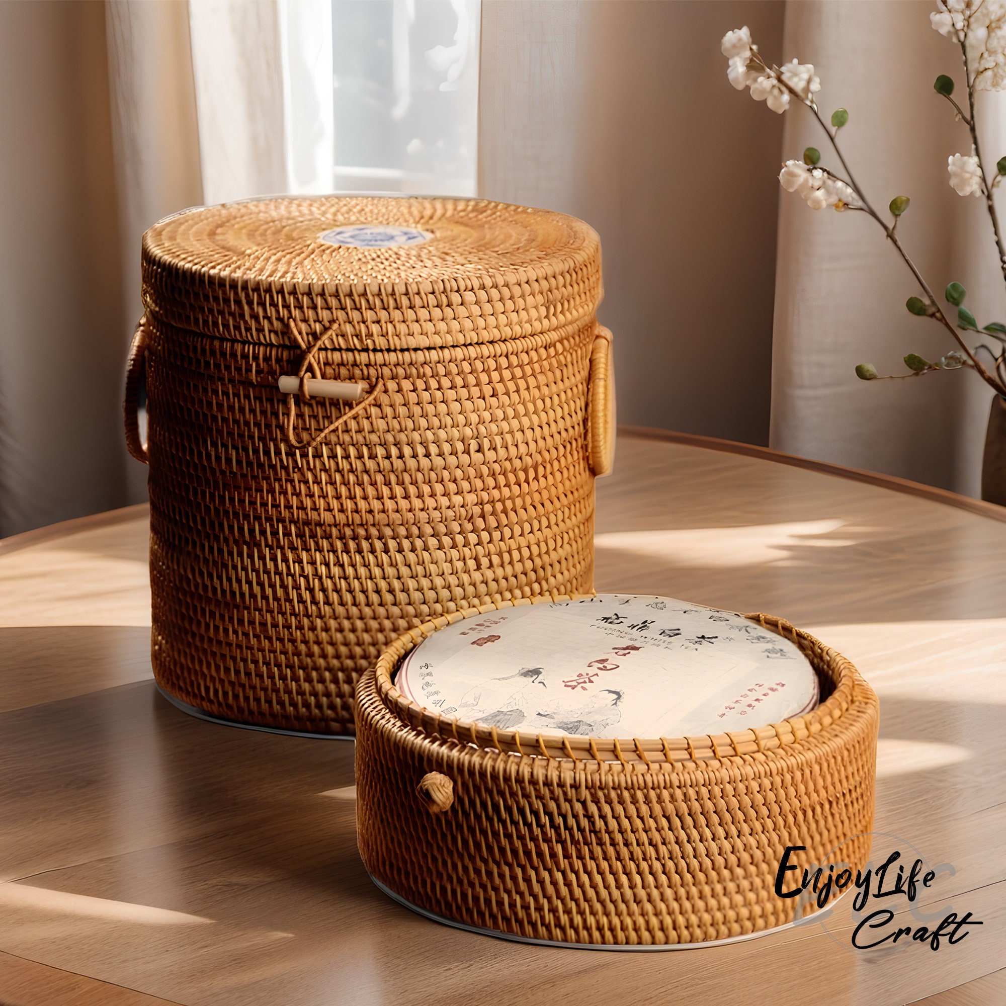 Rattan Weave Round Storage Basket With Lid,handcrafted Desktop Storage ...