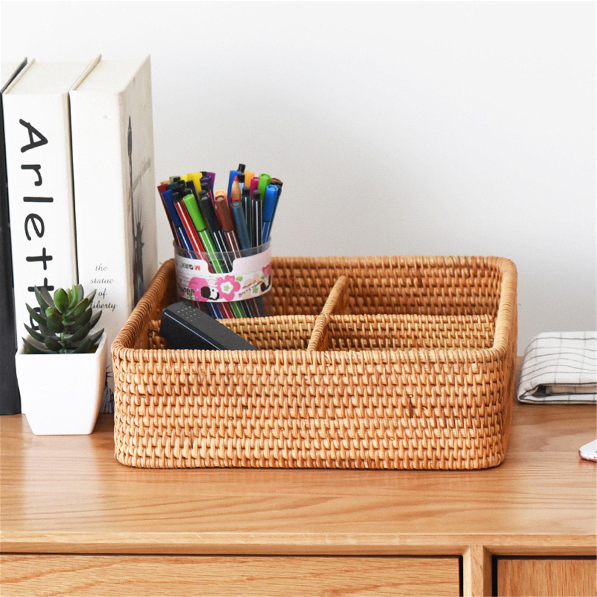 Rattan Woven Square Storage Basket With Coverrattan Cosmetic - Etsy