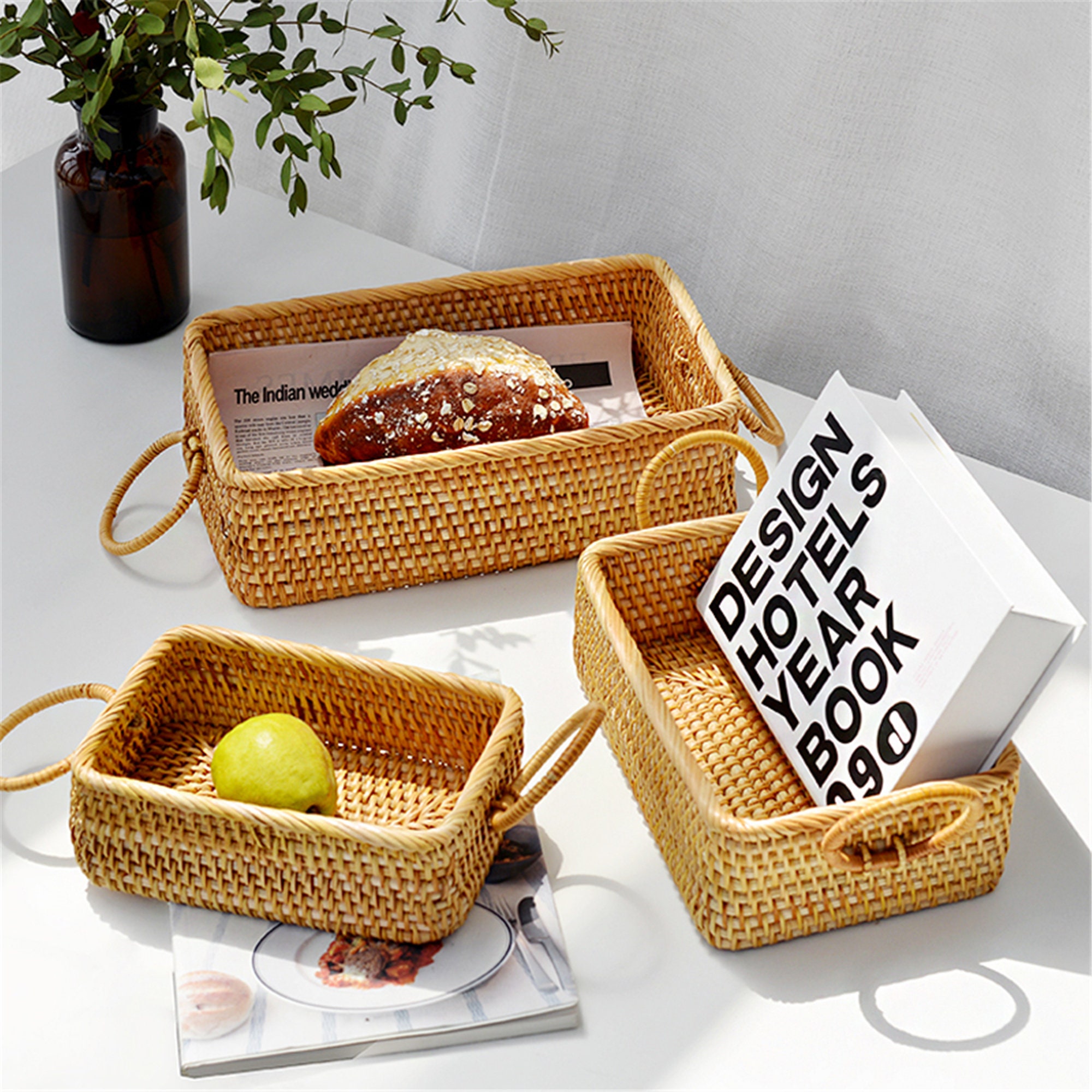 Rattan Weave Square Storage Basket With Ring - Etsy