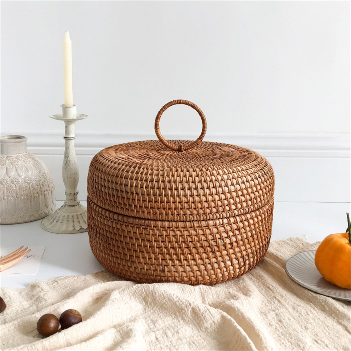 Rattan Weave Round Storage Basket With Lidhandcrafted Desktop | Etsy