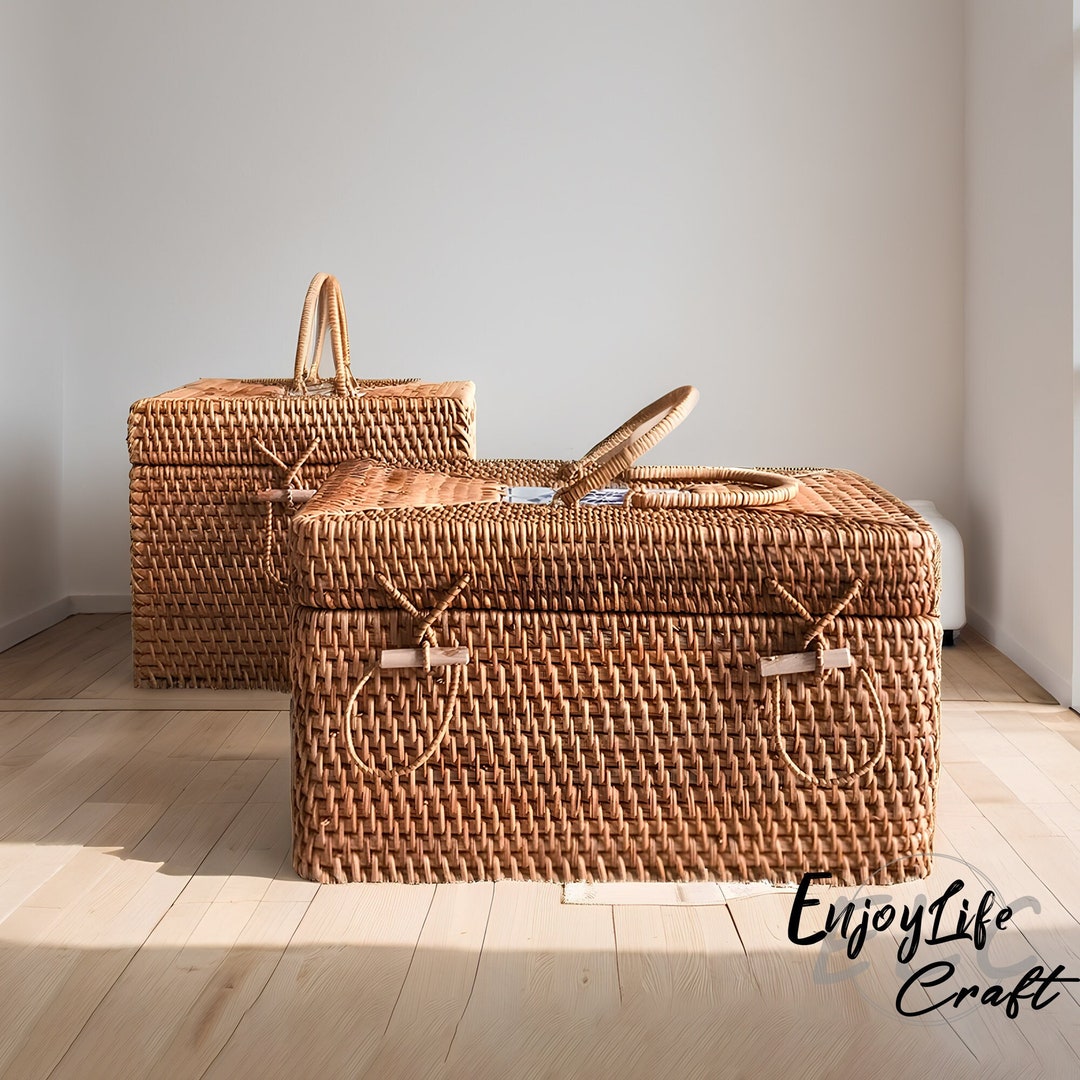 Rattan Woven Square Storage Basket With Lid,rattan Storage Box ...