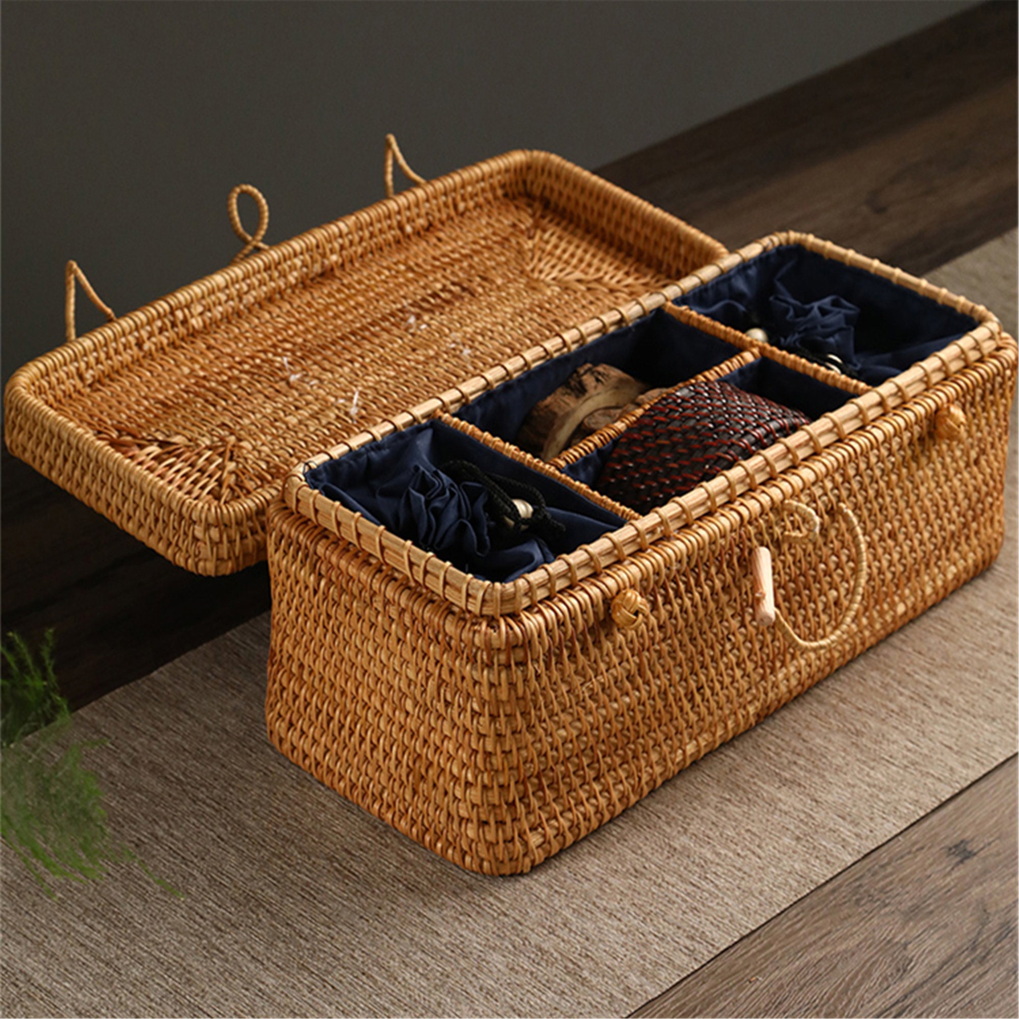 Rattan Woven Square Storage Basket With Lid and Handlerattan - Etsy