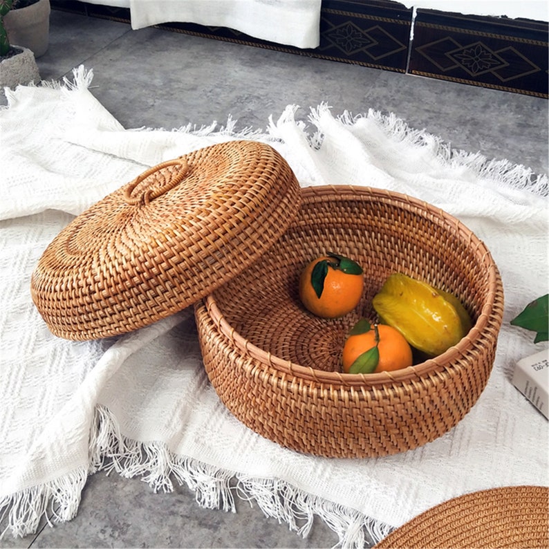 Round Rattan Woven Storage Basket With Lidrattan Storage | Etsy