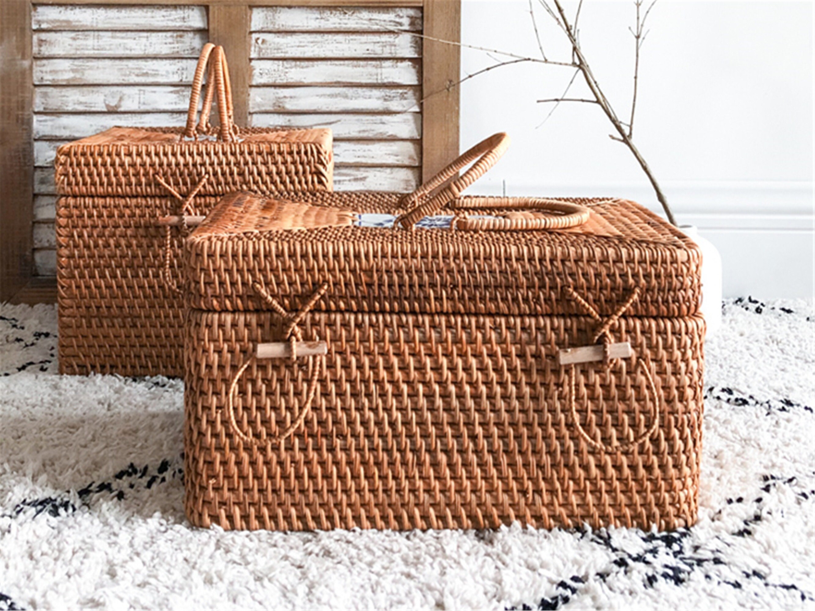 Rattan Woven Square Storage Basket With Lidrattan Storage | Etsy