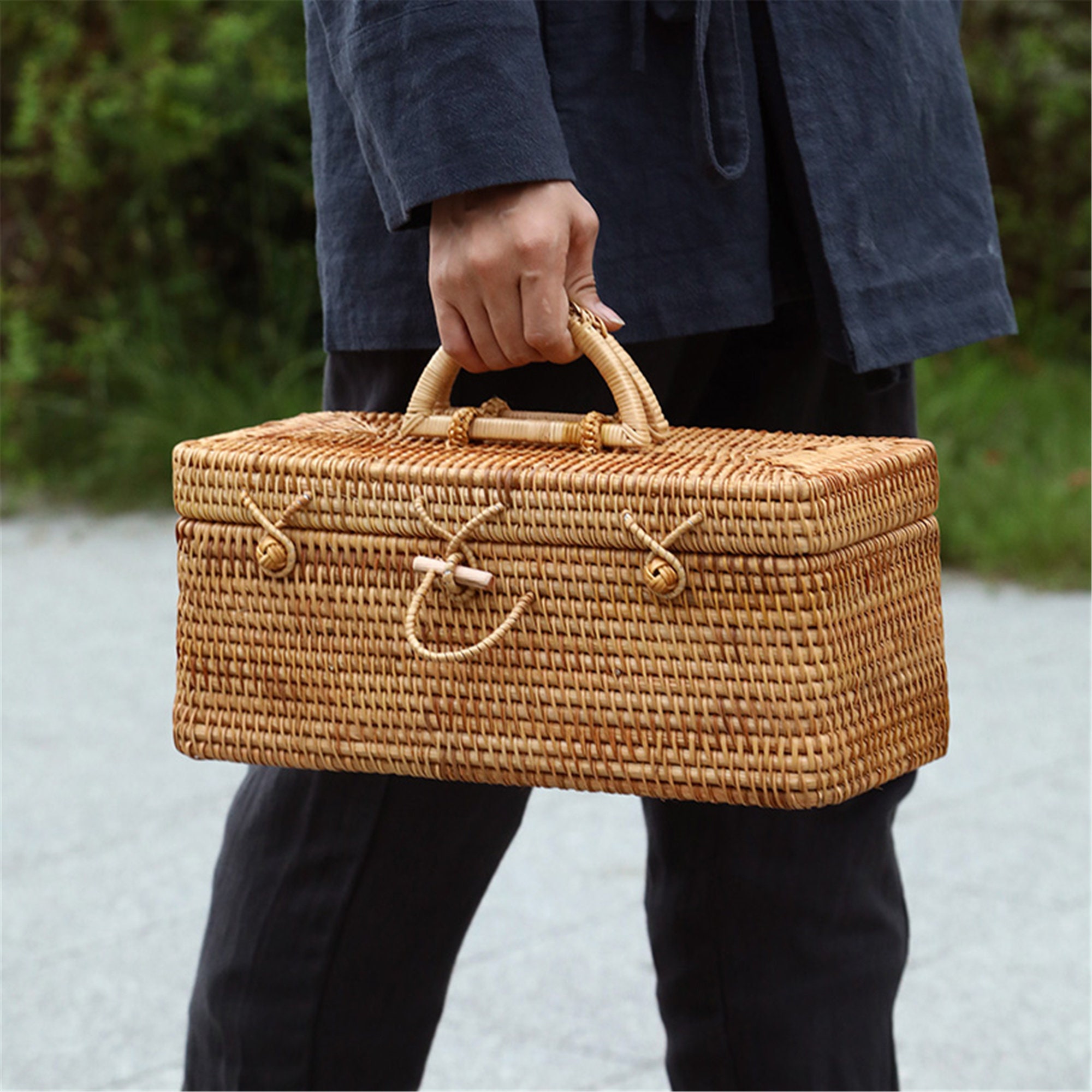 Rattan Woven Square Storage Basket With Lid and Handlerattan - Etsy