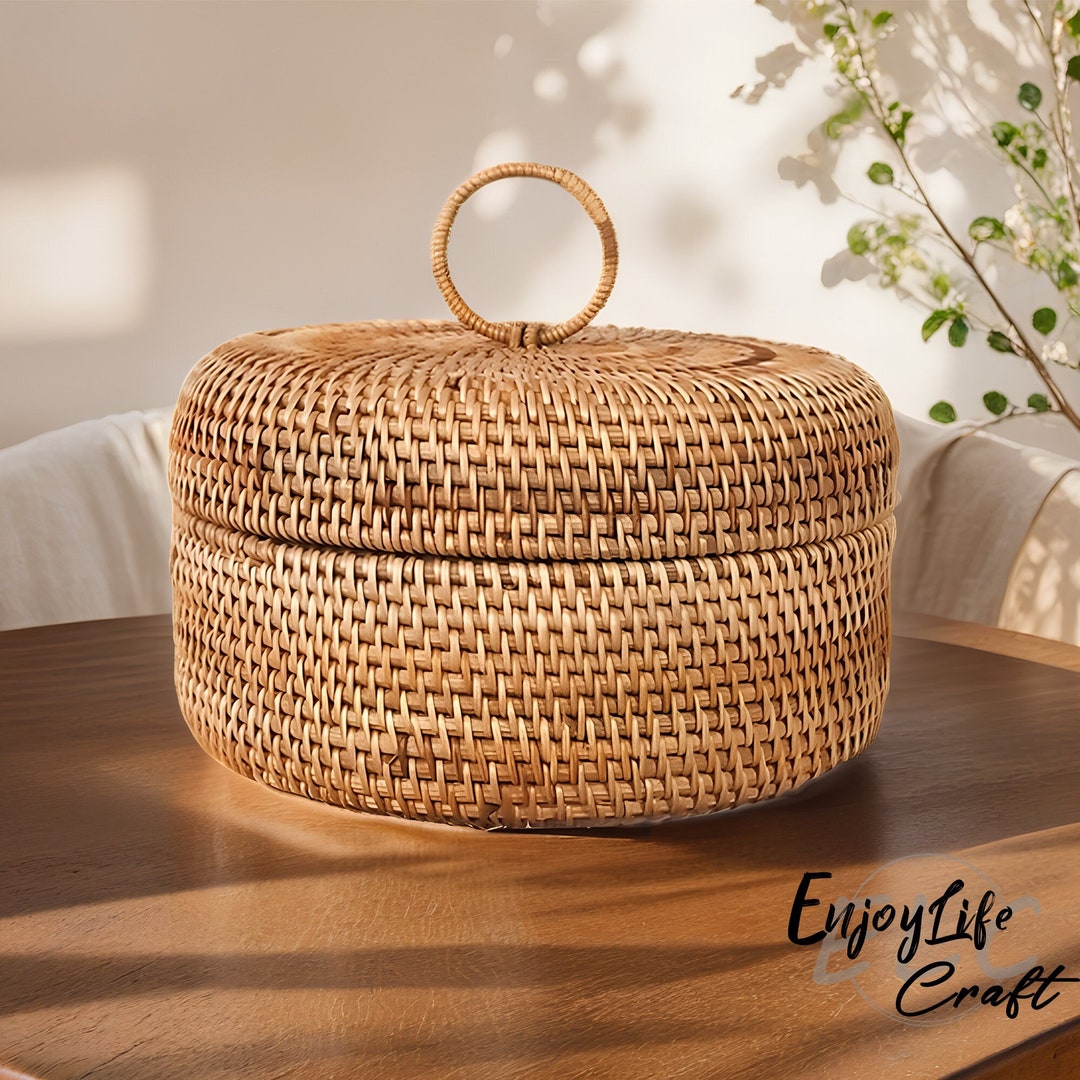 Round Rattan Woven Storage Basket With Lid,rattan Storage Box ...