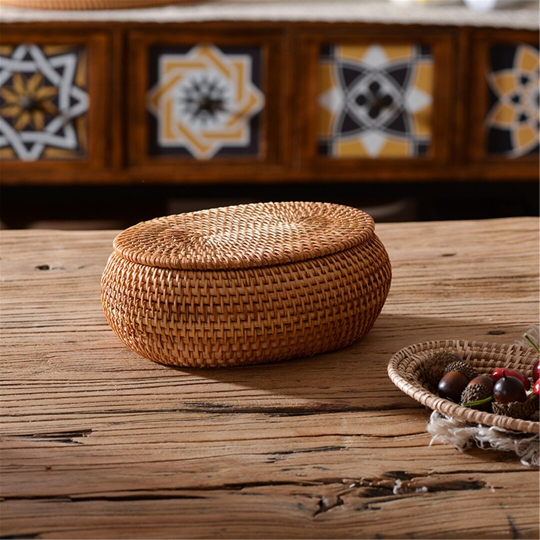 Rattan Woven Round Storage Basket With Cover,rattan Jewellery Box ...